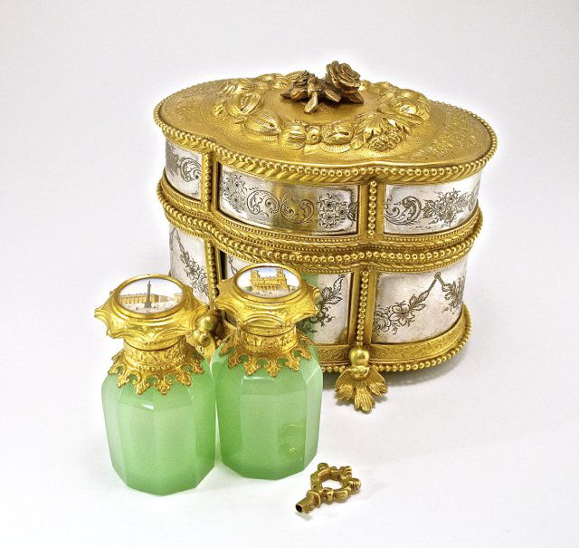 c1850 Palais Royal perfume chest, hand tooled silver, g