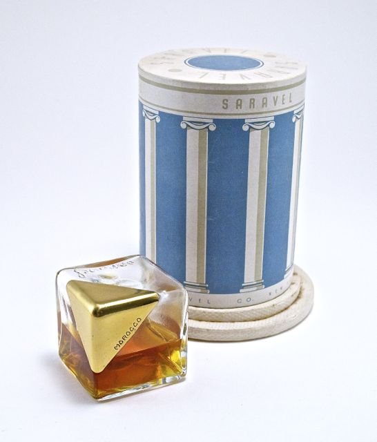 1939 Saravel Morocco perfume bottle, clear glass, metal