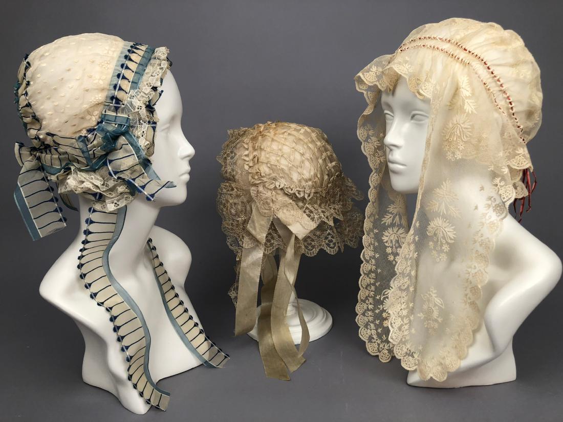 THREE FANCY WHITE INDOOR BONNETS, 1830s - 1840s