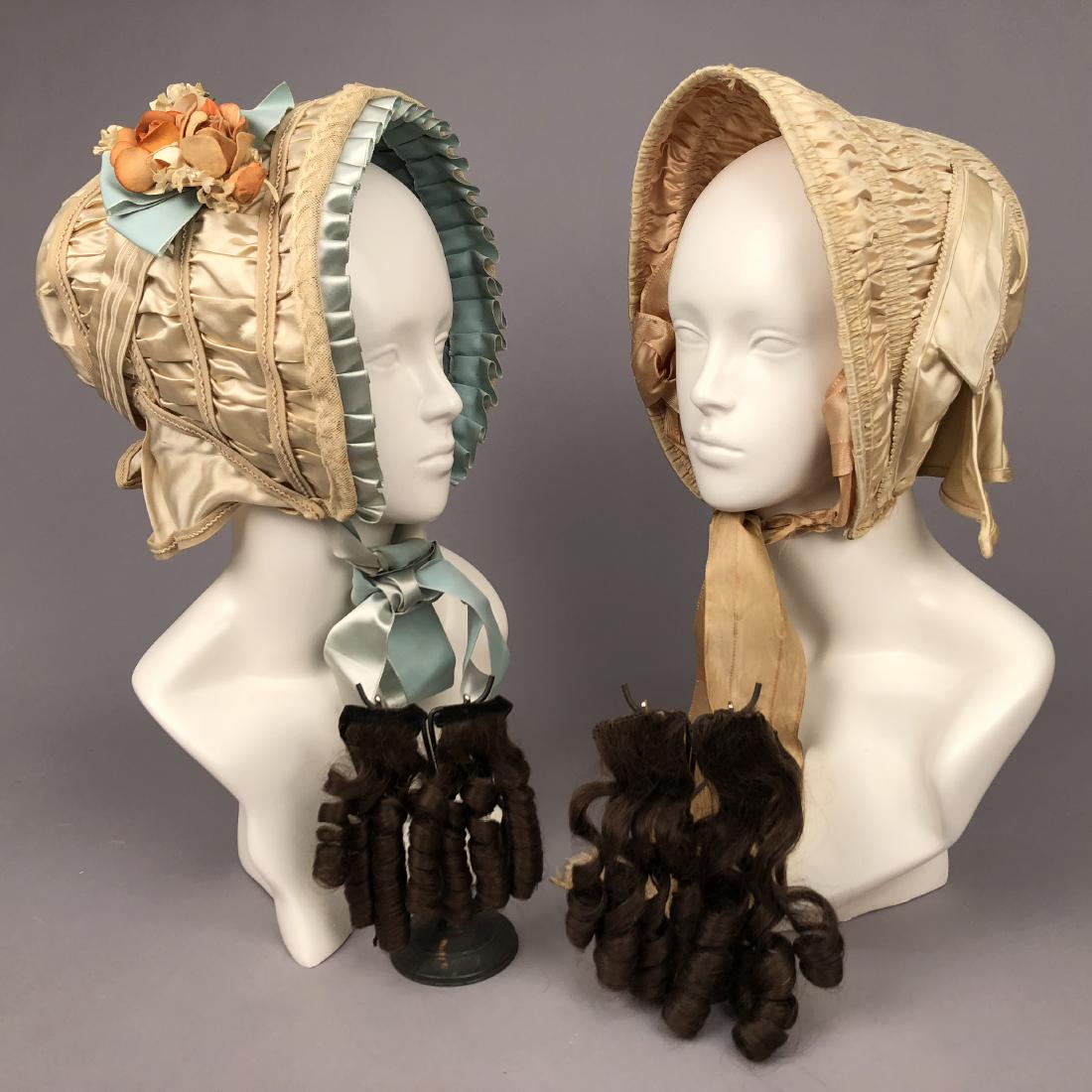 TWO CREAM SATIN BONNETS, 1840s
