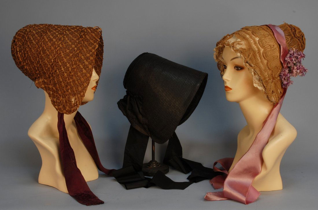468: THREE STRAW BONNETS, 1840's-1850's. One fancy lace