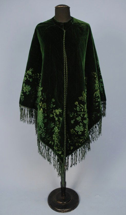EMERALD GREEN CUT VELVET CAPE, 1870's - 1880's.