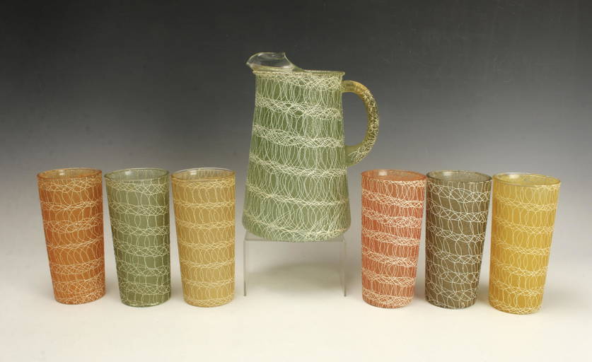 Vintage Spaghetti String Pitcher & 6 Glasses
