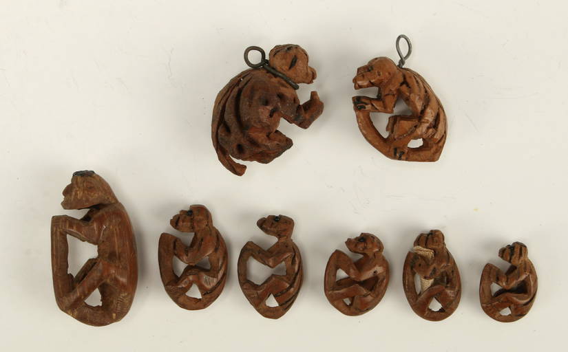 Vintage Folk Art Nut Carvings Of Monkeys