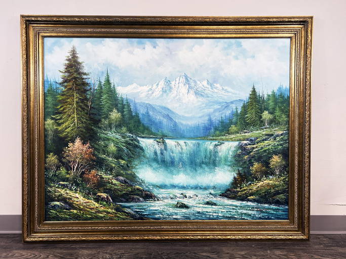 Large Signed Chapman Painting Of Mountains And Waterfalls