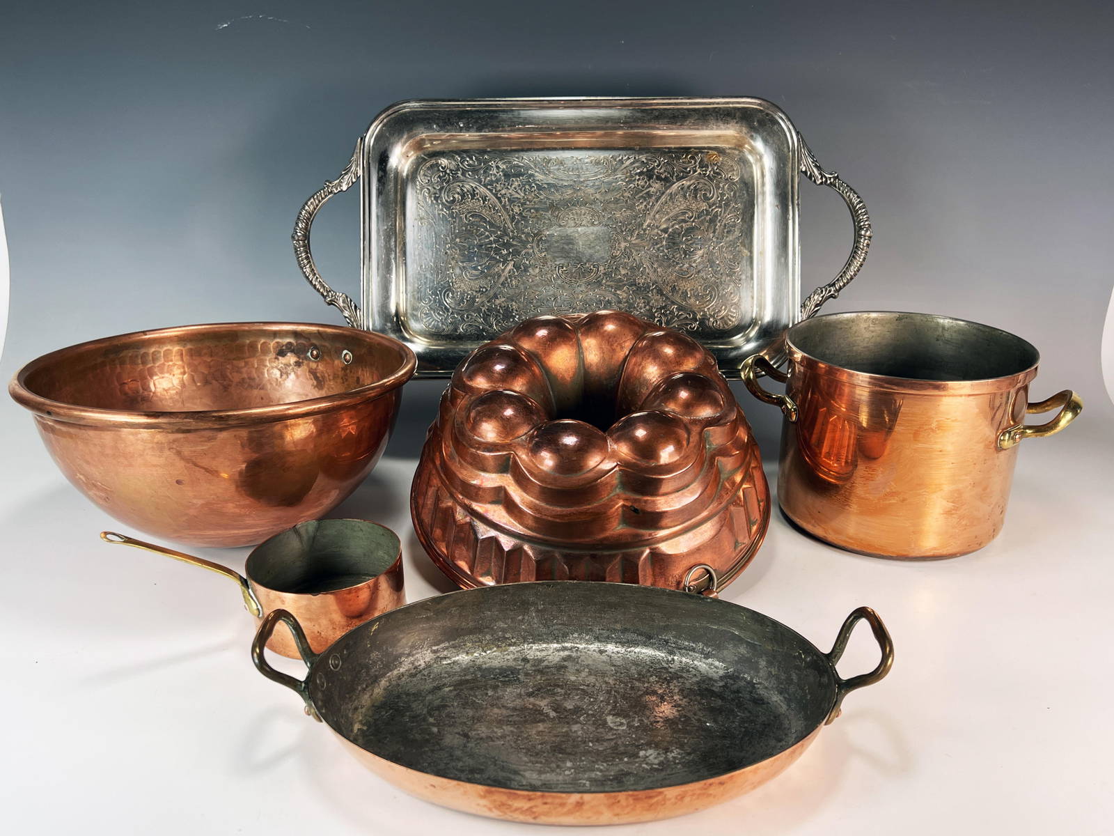 Lot Of Copper Kitchen Items & Silverplate Tray Auction