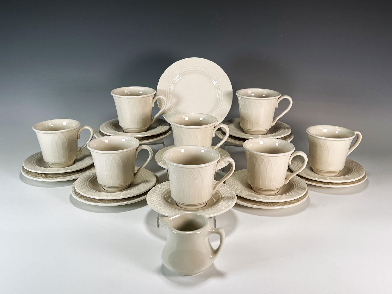 Homer Laughlin Gothic Dessert Plates, Tea Cups, Saucers Hall Creamer