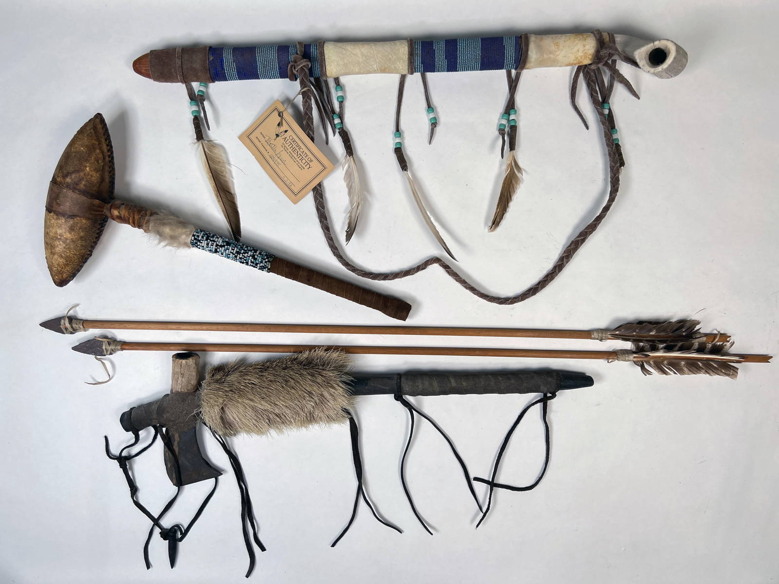 Native American Pipe, Hatchet, Arrows, Ceremonial War Club Auction
