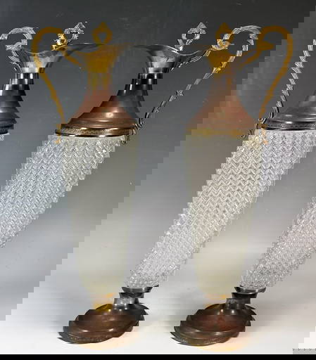Pair Italian Cut Glass Ewer Decanters