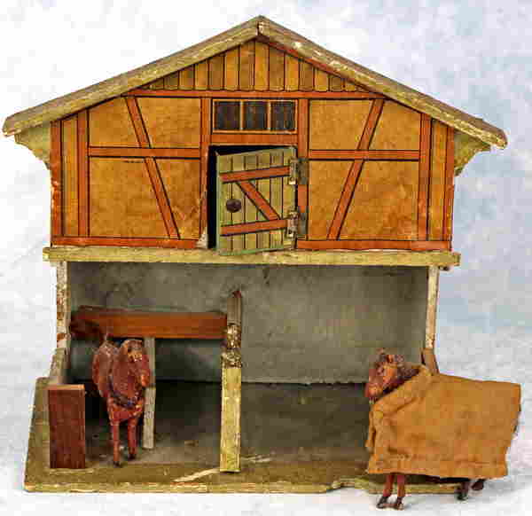 GERMAN WOODEN TOY HORSE STABLE WITH HORSES, ATTRIBUTED TO GOTTSCHLACK ...