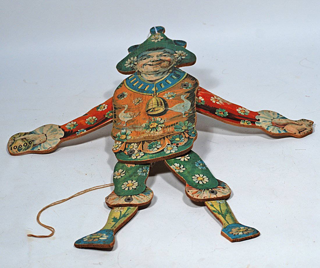 Circa 1880s Lithograped Paper Over Wood, Pull Toy Jumping Jack. Auction
