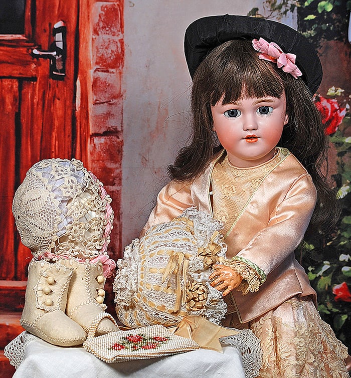 Two Doll Bonnets, Pair Of Wool Doll Boots And Doll Purse Auction