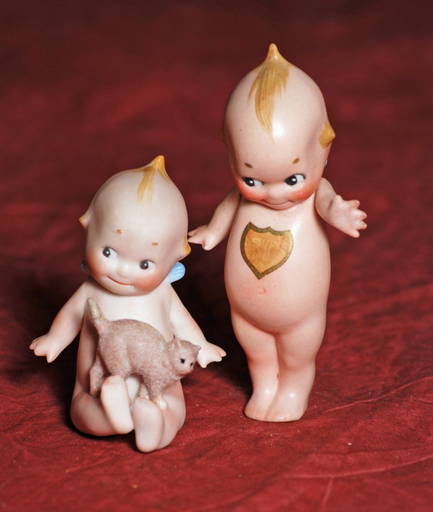 German Bisque Kewpie With Cat & Standing Kewpie. 3 ¼”