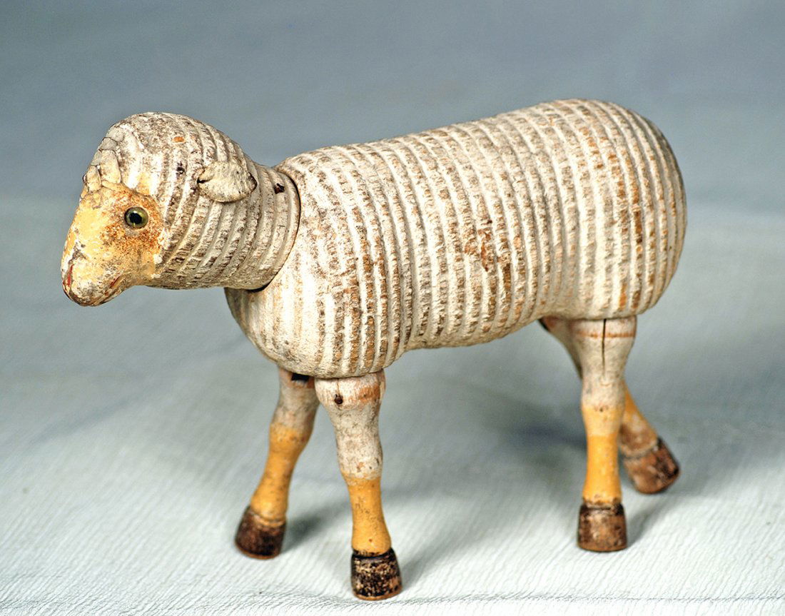 Schoenhut Glass Eyed Carved Wooden Sheep. 7” L.