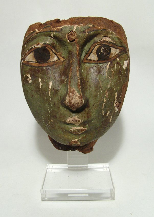Egyptian wooden green painted mask representing Osiris