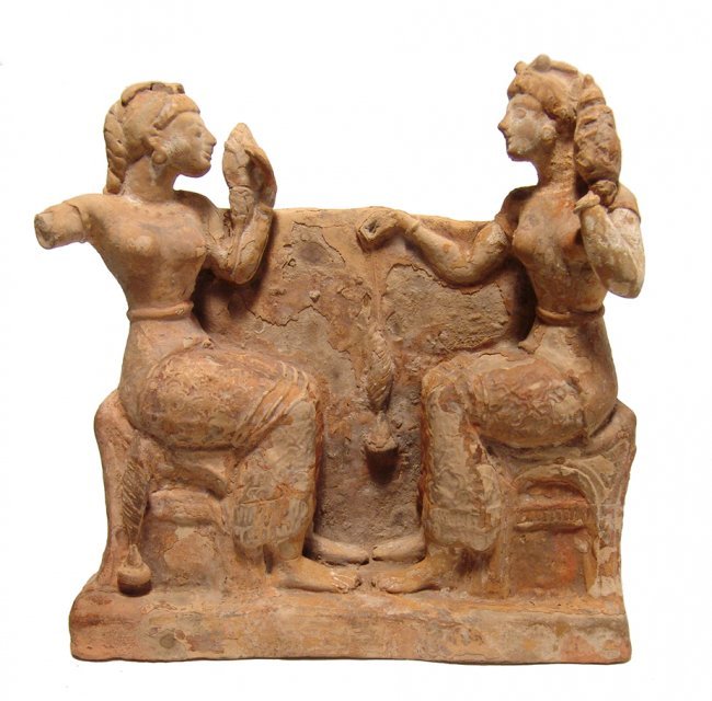 A Marvelous Greek Terracotta Yarn Making Relief Scene