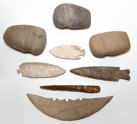 A Group Of Native American Stone Tools And Weapons