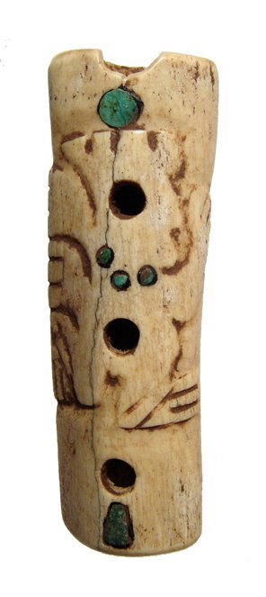 Moche Bone Flute With Greenstone Inlays, Peru