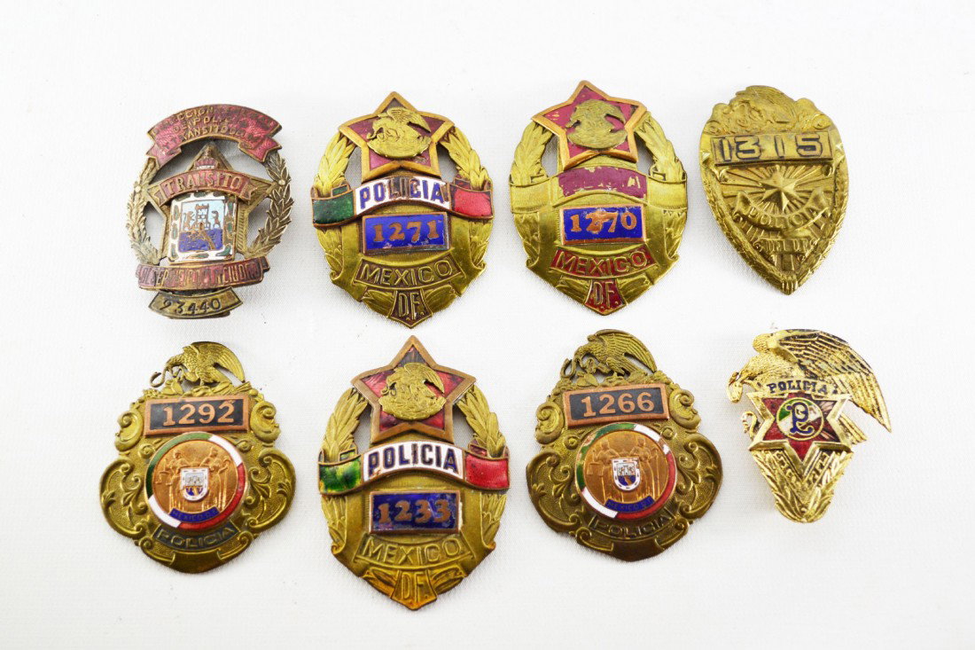 821: Collection (8) Mexican Police Badges Enamel brass
