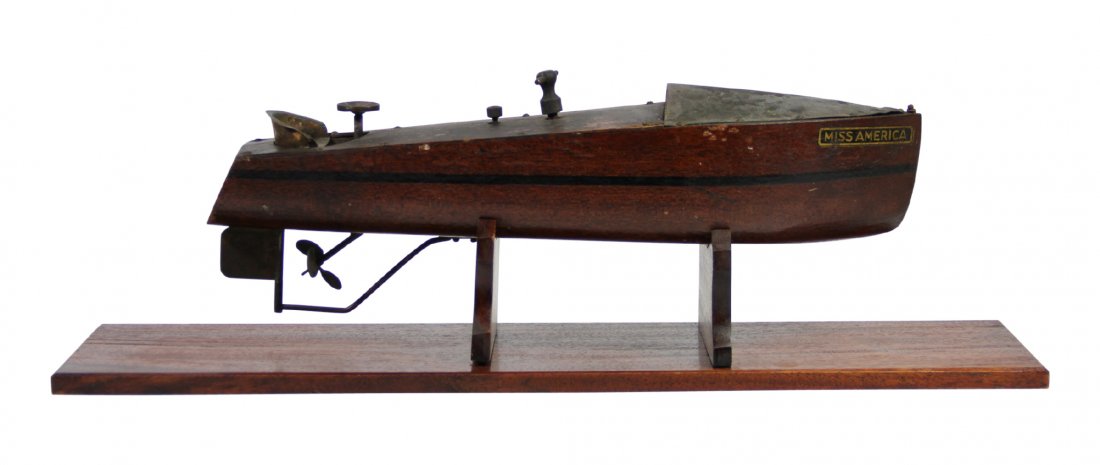 Miss America Wind-up Speedboat w/ Stand, 1920s