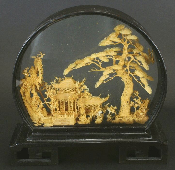Chinese Carved Cork Art, Ebonized Frame
