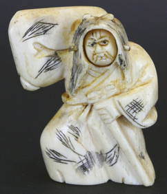 Two Signed Carved Ivory Rotating Head Netsuke