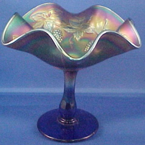 Blue Carnival Glass Compote Grape Pattern