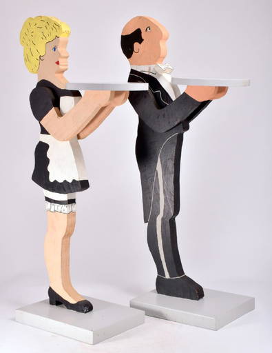 Wood Butler & Maid Tray Statue