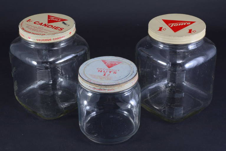 3 Vintage Tom's Penny Candy Jars W/lids