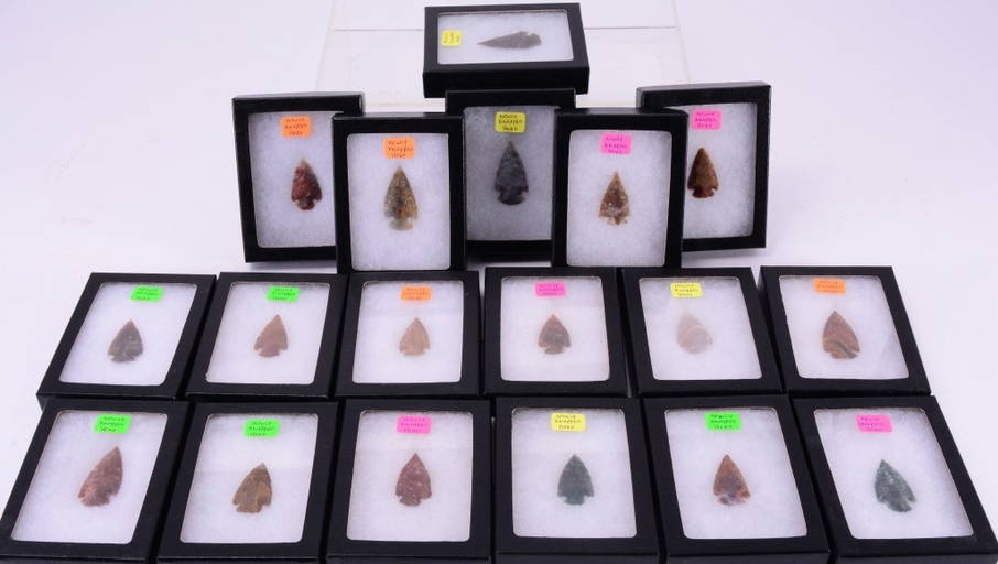 18 Newly Knapped Arrowheads In Riker Mount Boxes