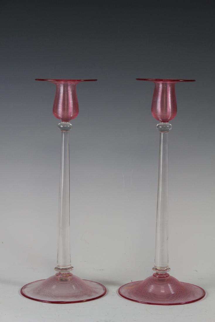 STEUBEN Pink Threaded Art Glass Candlesticks