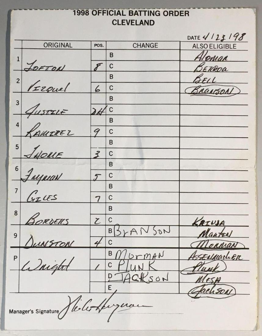 1998 Cleveland Indians Lineup Card