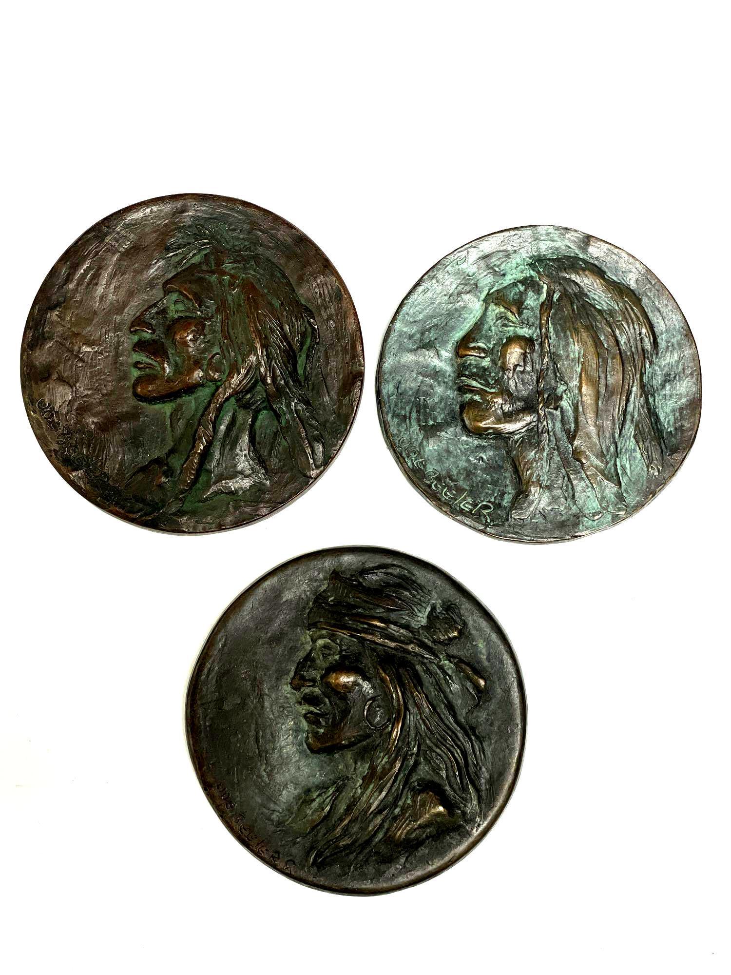 Three (3) Bronze Indian Chiefs Medallions By Joe Neil
