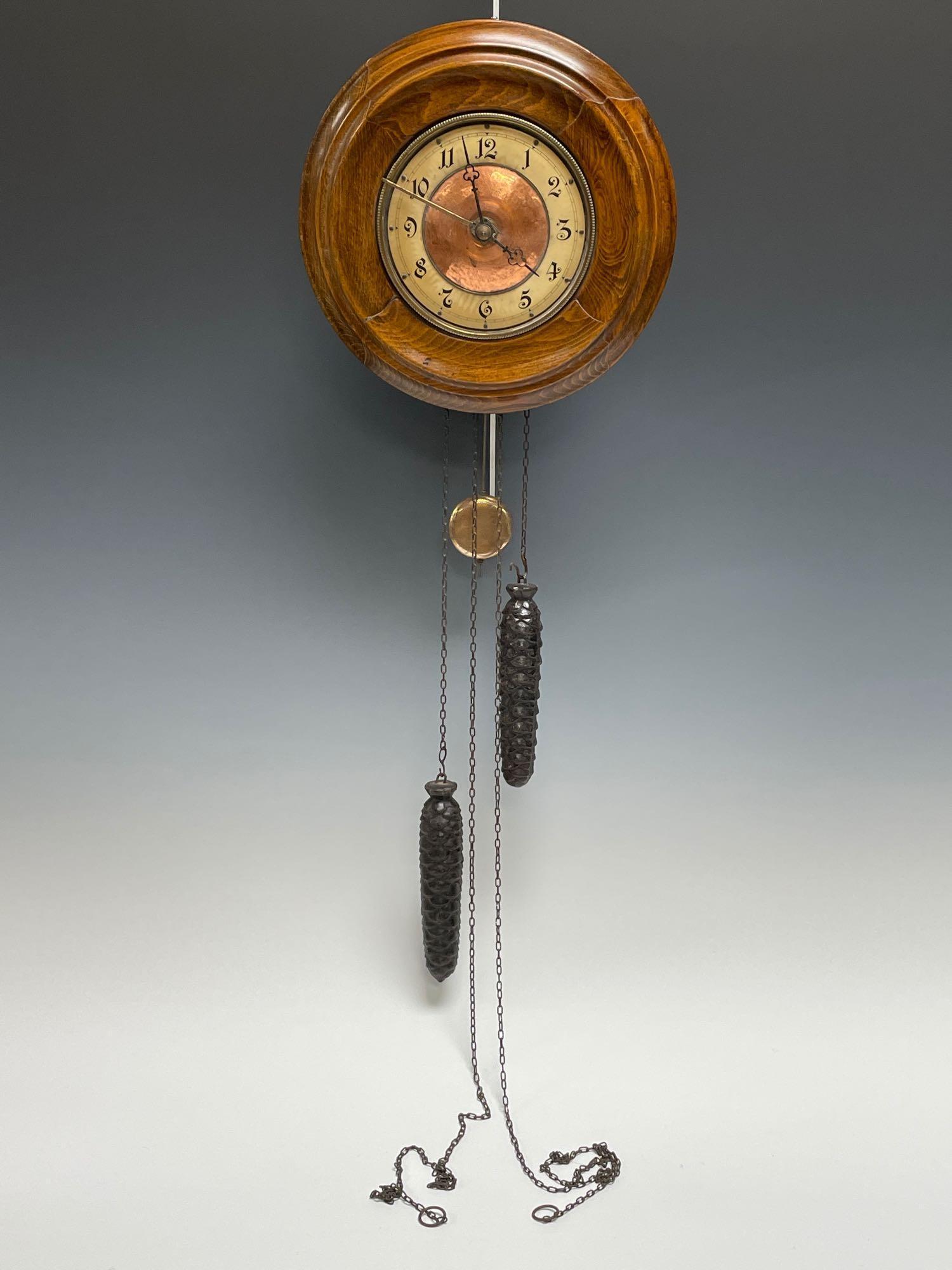 Antique Round Oak Wall Clock W Pine Cone Weights