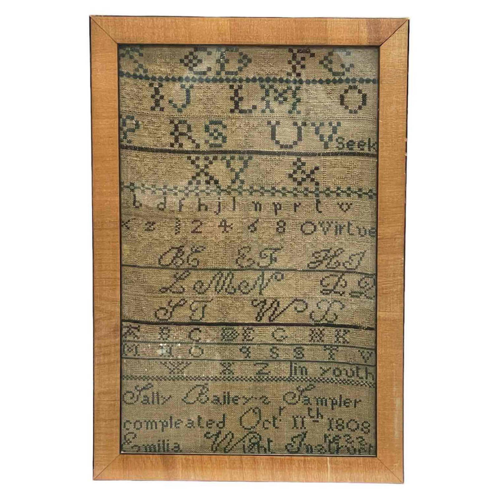Sally Bailey's1808 Early American Framed Sampler Auction