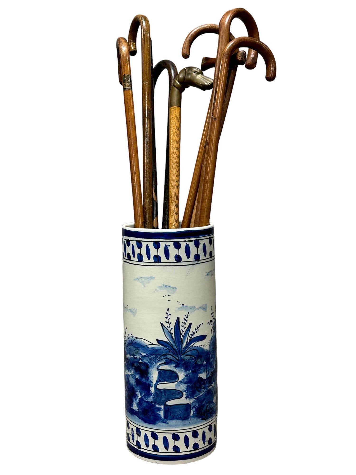 Blue And White Castle Scene Umbrella Cane Stand With 8 Canes Auction
