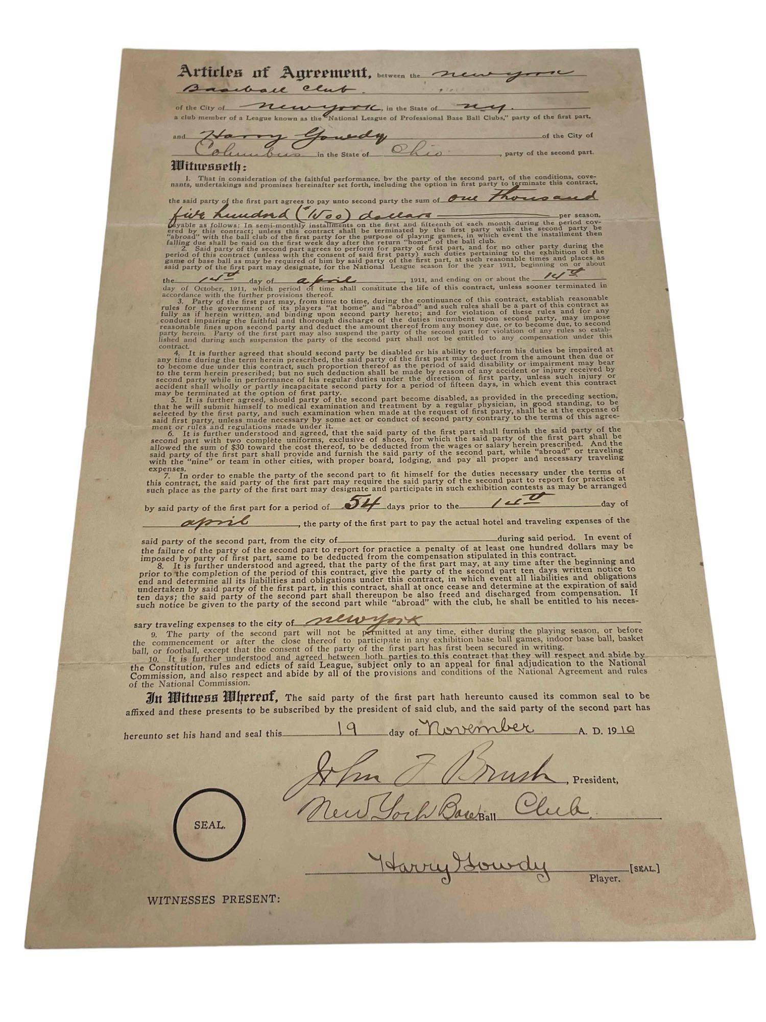 1910 Harry Gowdy Signed Baseball Player Contract New York Giants Auction