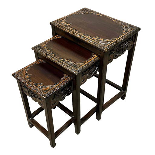 Antique Chinese Carved Wood Nesting Tables