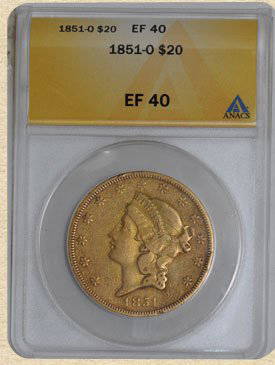 1851 O $20 Liberty Ef40 Anacs