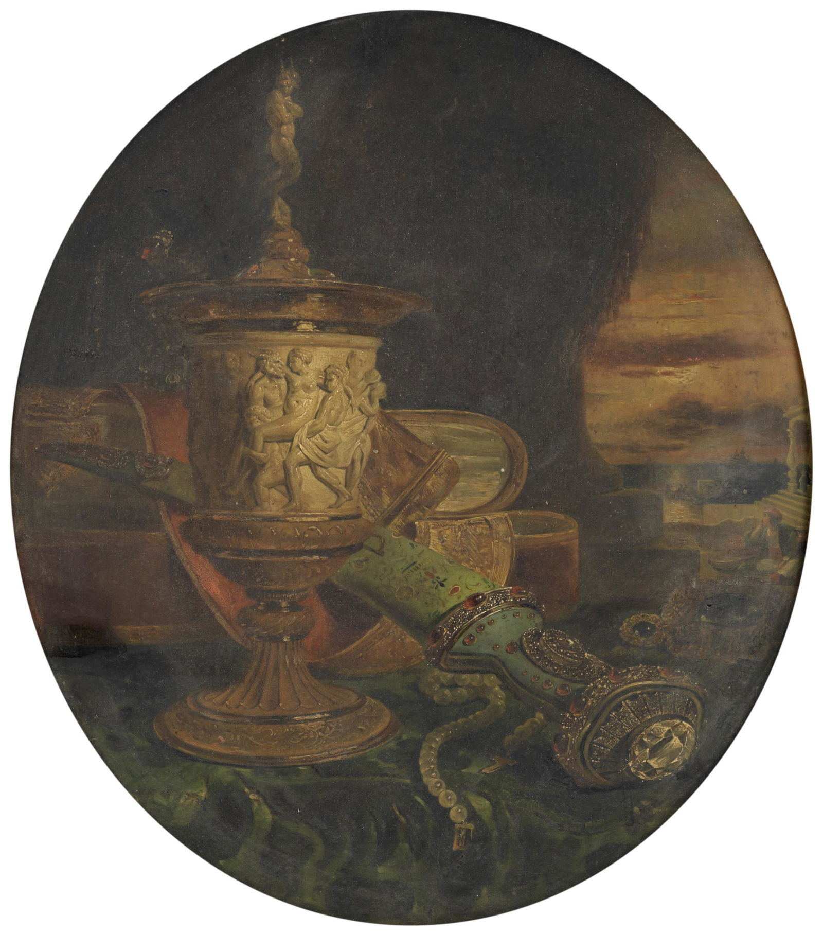 George Lance (British, 1802-1864) Still life of a cup and dagger in an ...