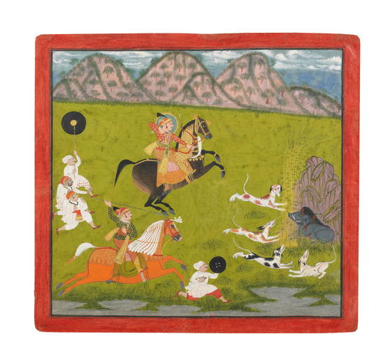 Maharana Ari Singh (reg. 1761-73) on horseback hunting a wild boar with ...