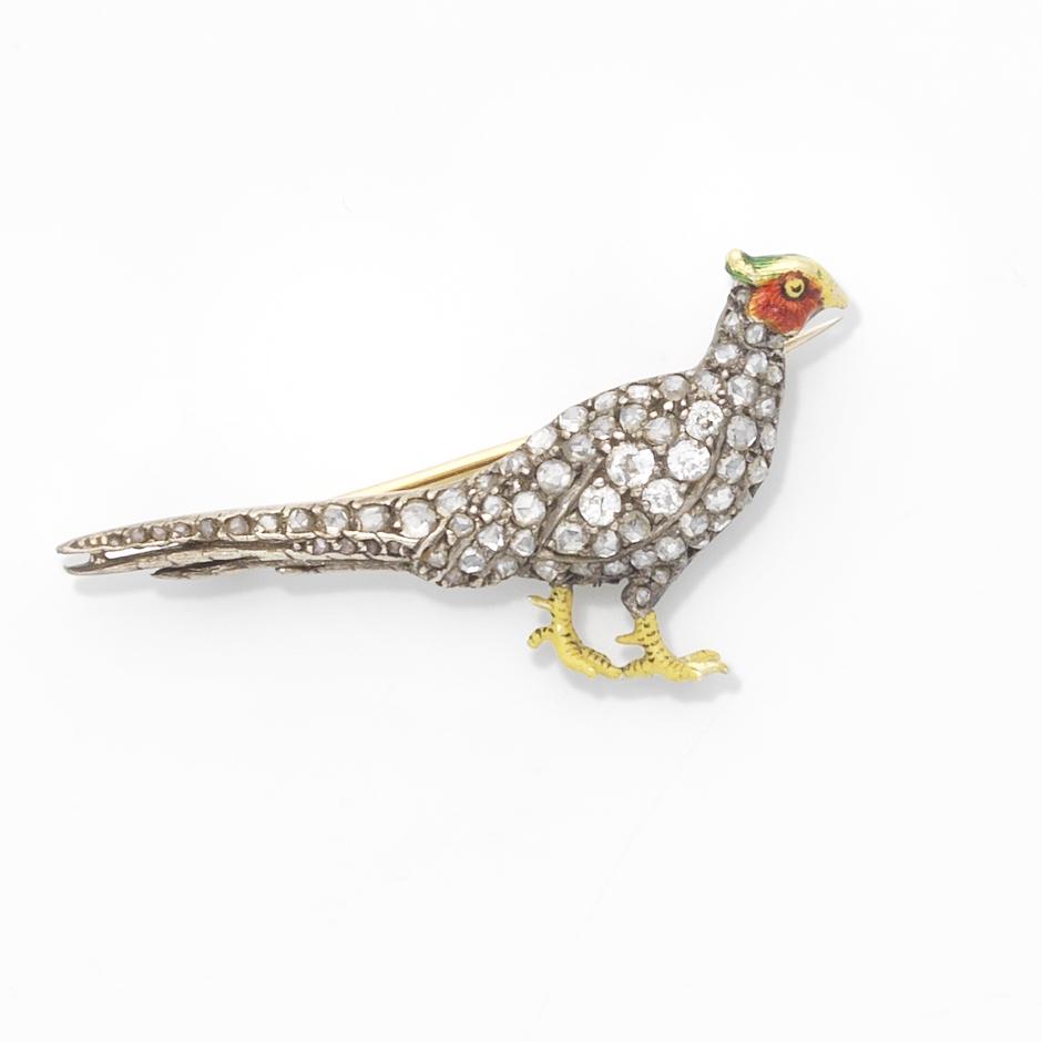 Diamond And Enamel Pheasant Brooch,