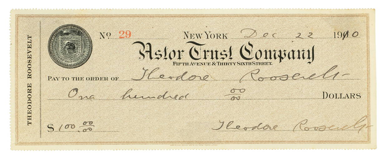 Roosevelt, Theodore. 1858 1919. Check Accomplished & Signed 3 Times ...