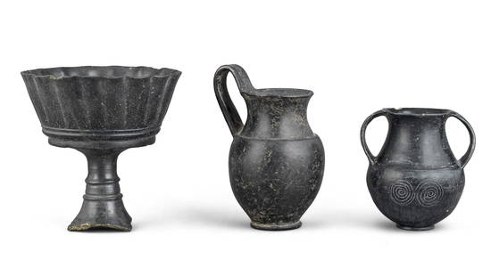 Three Etruscan Bucchero Ware Kantharoi And An Olpe 4