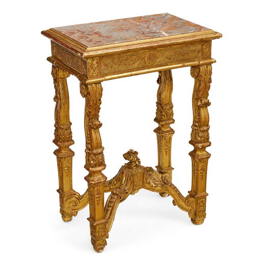 A RÉGENCE STYLE MARBLE INSET GILTWOOD SMALL TABLEIncorporating antique ...