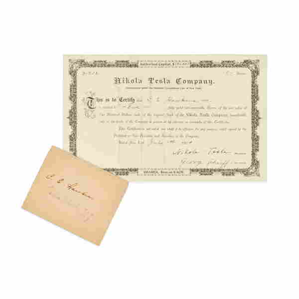 NIKOLA TESLA COMPANY SIGNED STOCK CERTIFICATE TESLA, NIKOLA. 1856-1943 ...