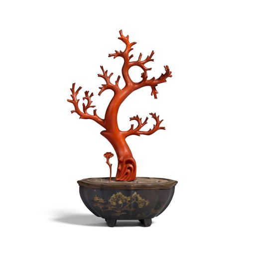 A LACQUER FAUX-CORAL 'TREE AND LINGZHI' IN A LACQUERED JARDINIÉRE 18th ...