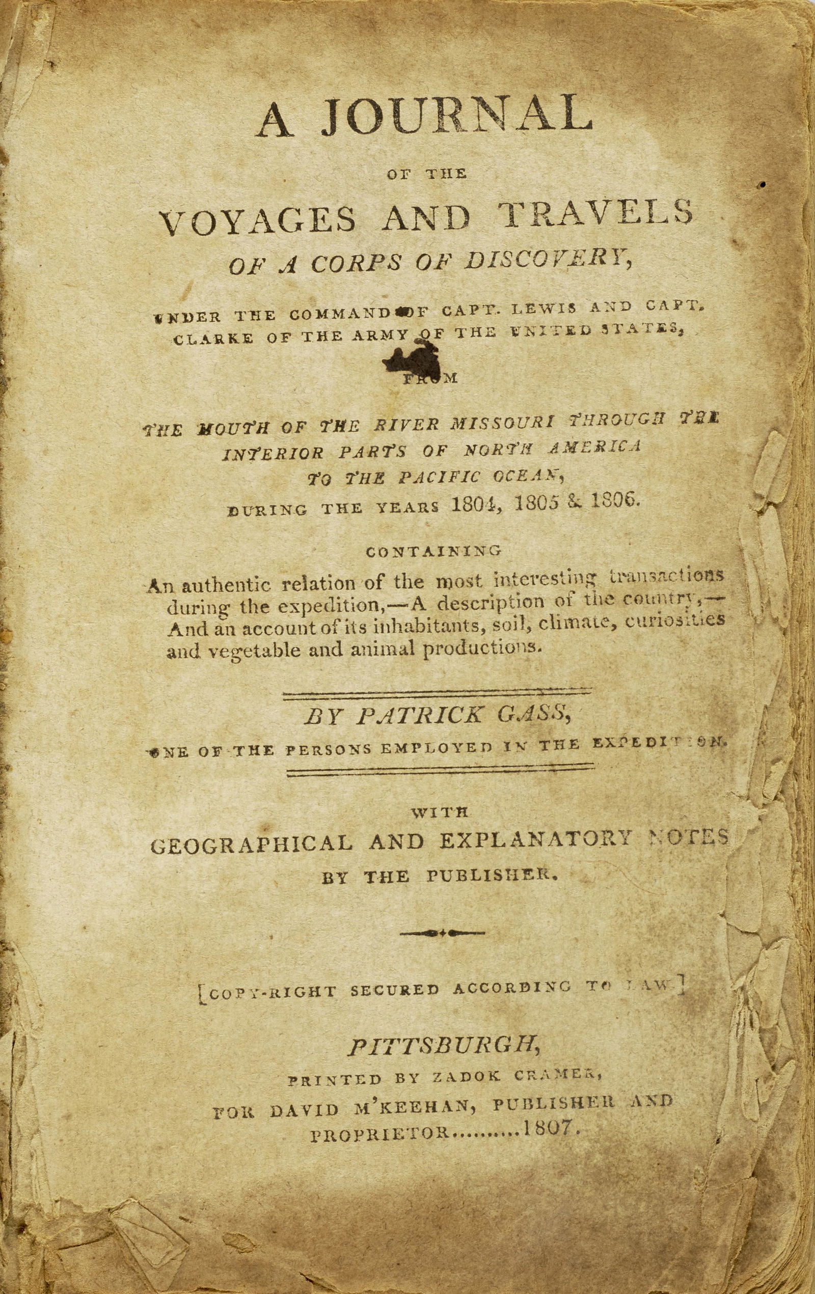 First Account Of The Expedition Of Lewis And Clark. Gass, Patrick. 1771 ...
