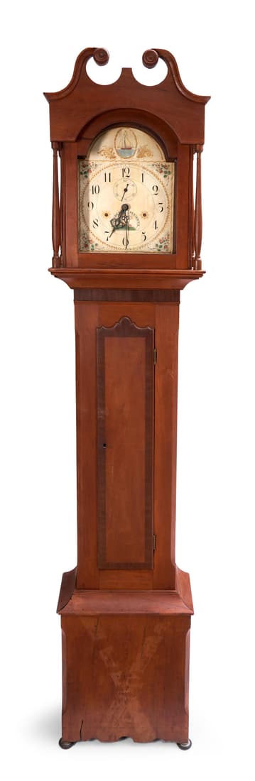 Federal Cherry And Mahogany Veneer Tall Case Clock, Movement By Silas Hoadley (1786-1870), Plymo ...