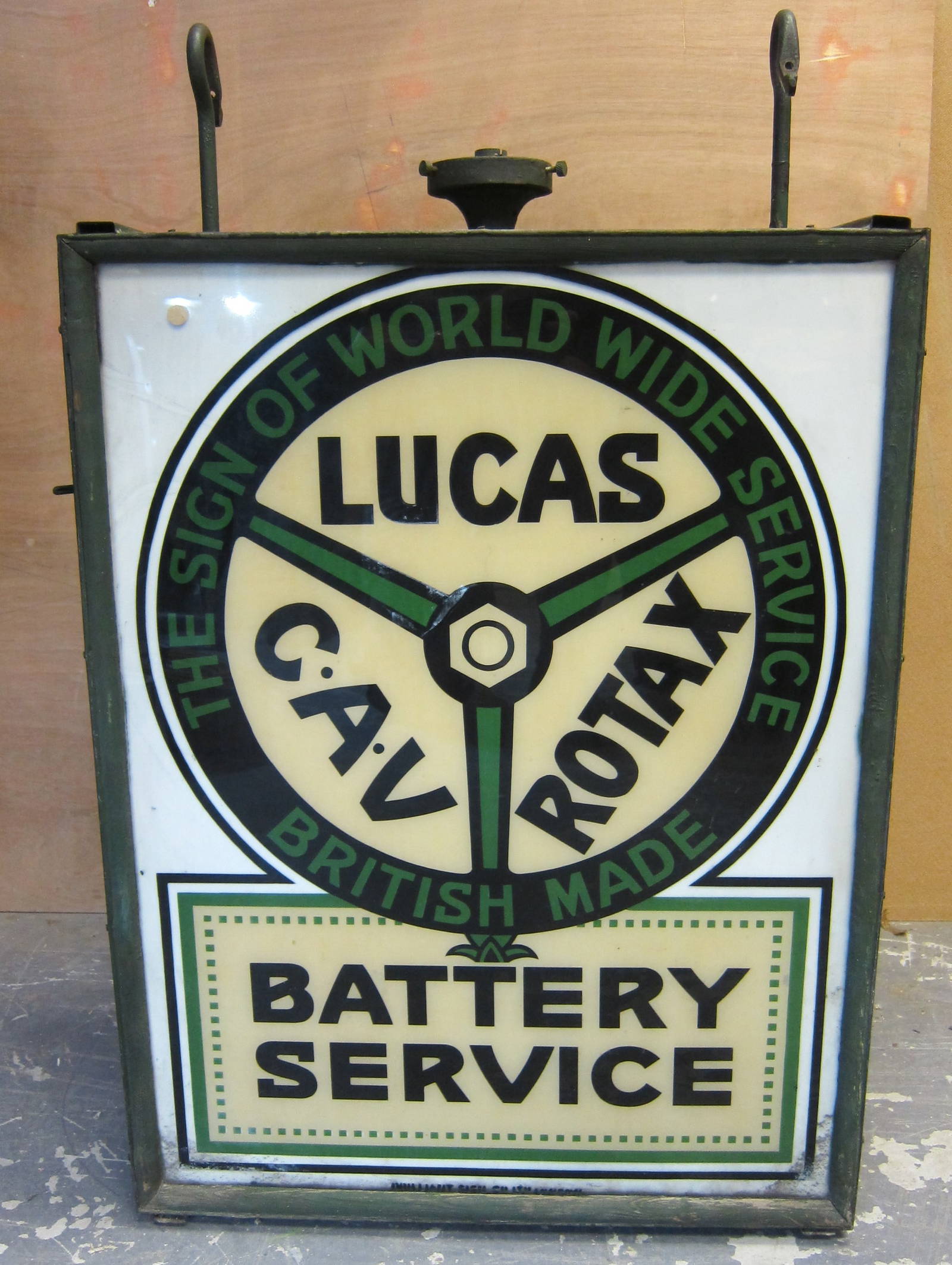 A Lucas – Cav – Rotax Battery Service Hanging Sign, Auction